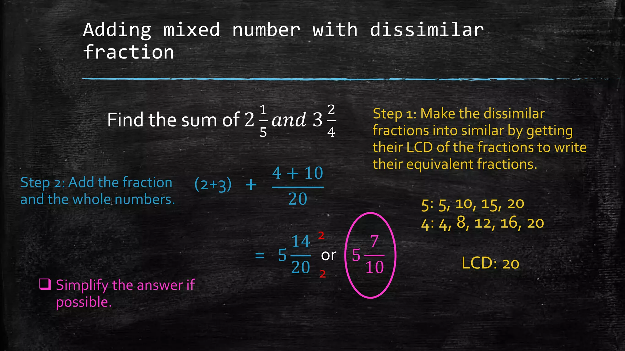 Adding Dissimilar Fraction with and without regrouping | PPTX
