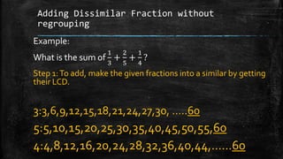 Adding Dissimilar Fraction with and without regrouping | PPTX