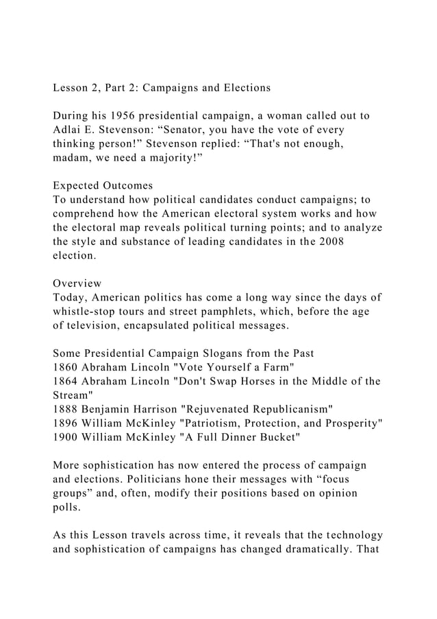 Lesson 2, Part 2 Campaigns and ElectionsDuring his 1956 presi.docx