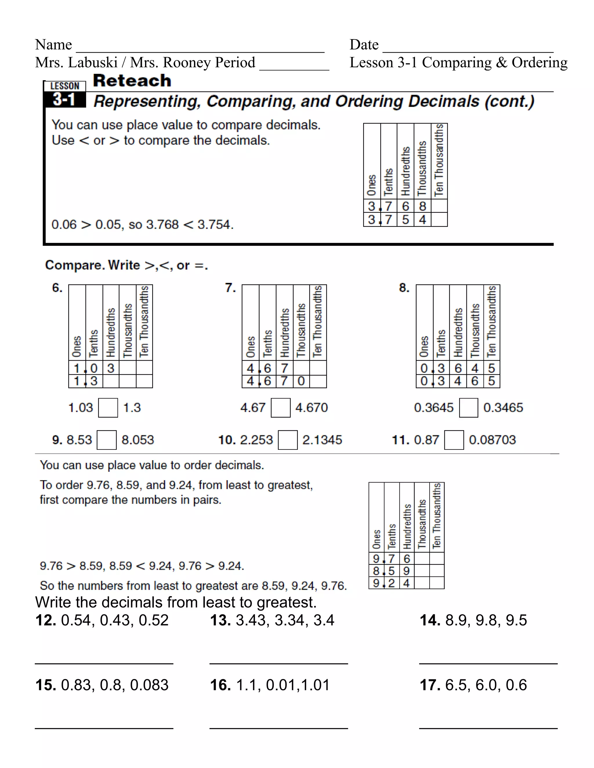 Lesson 3 1 comparing & ordering decimals | DOC