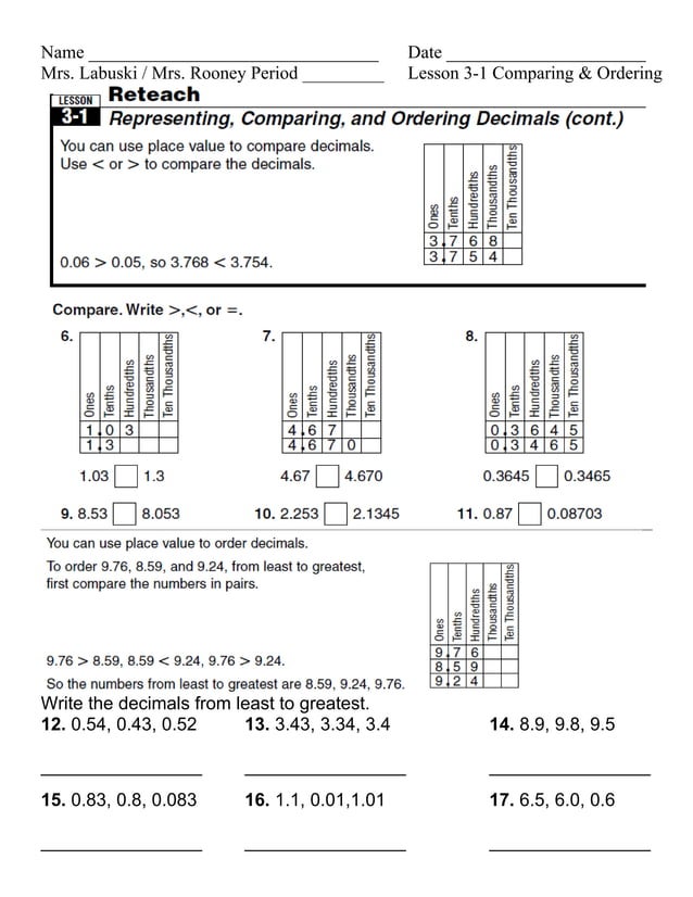 Lesson 3 1 comparing & ordering decimals | DOC | Education