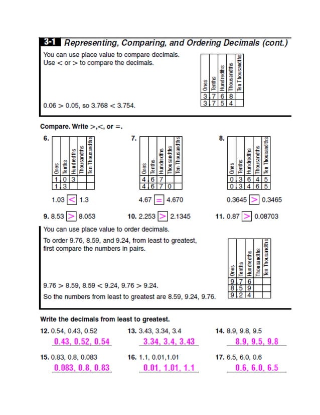 Lesson 3 1 comparing & ordering decimals | DOC | Education