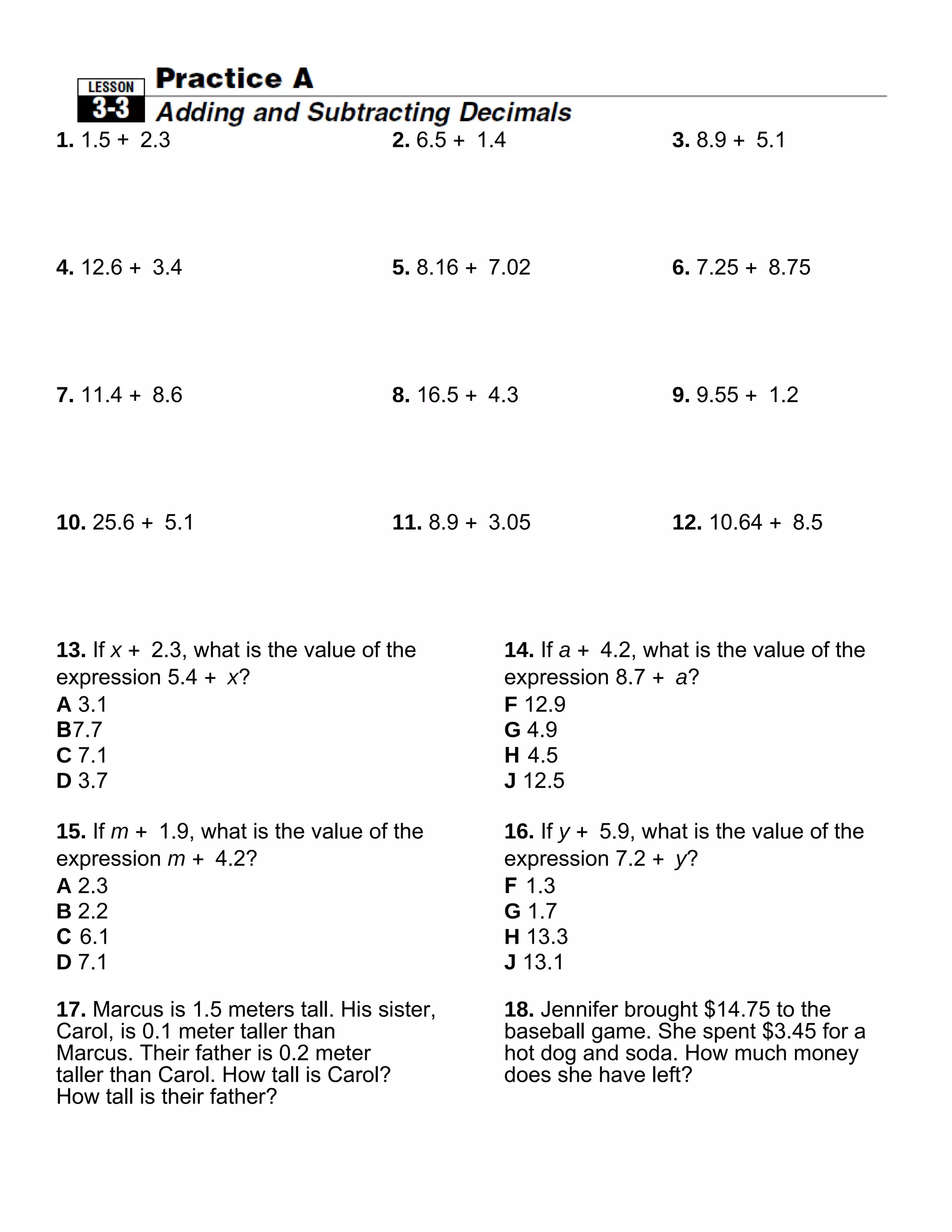 Lesson 3 3 adding & subtracting decimals | DOC | Primary Education ...