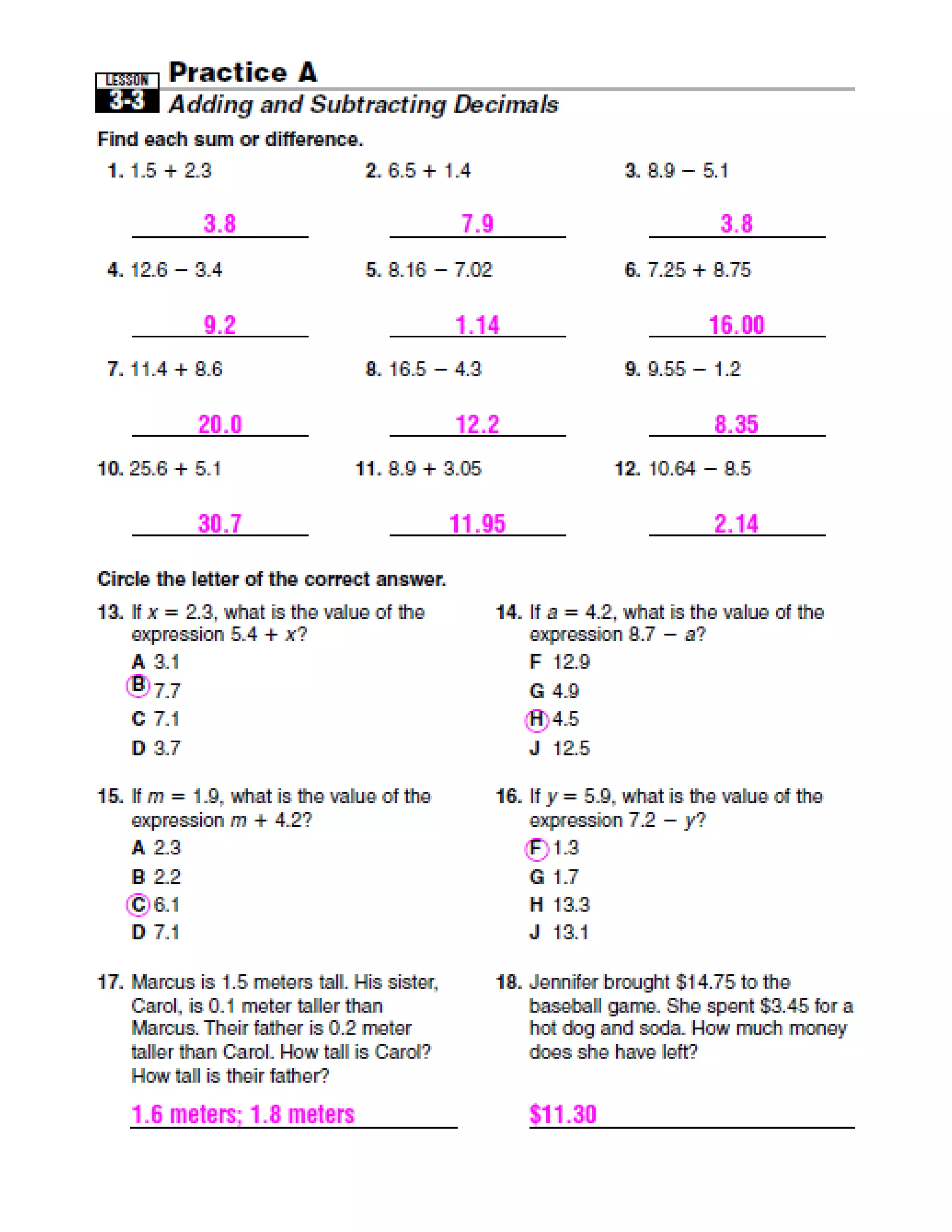 Lesson 3 3 adding & subtracting decimals | DOC | Primary Education ...