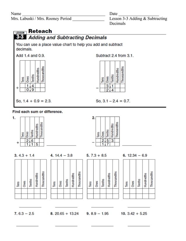 Lesson 3 3 adding & subtracting decimals | DOC | Primary Education ...
