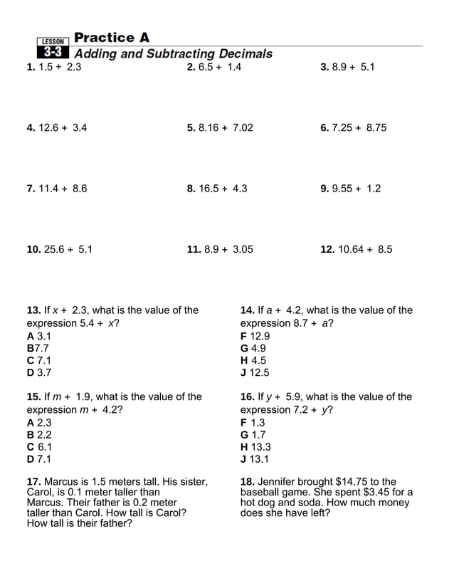 Lesson 3 3 adding & subtracting decimals | DOC | Primary Education ...