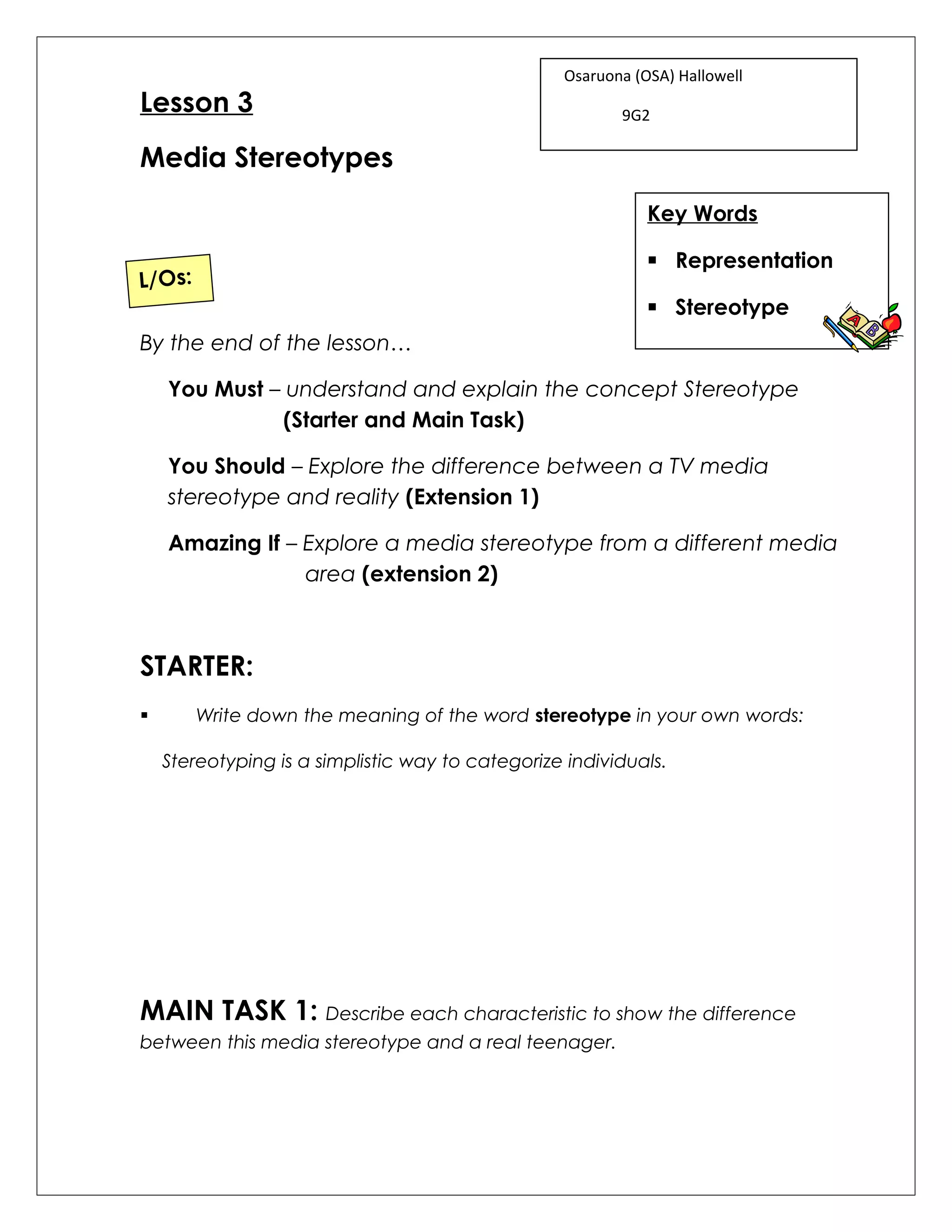 Lesson 3 media stereotypes worksheet | DOC