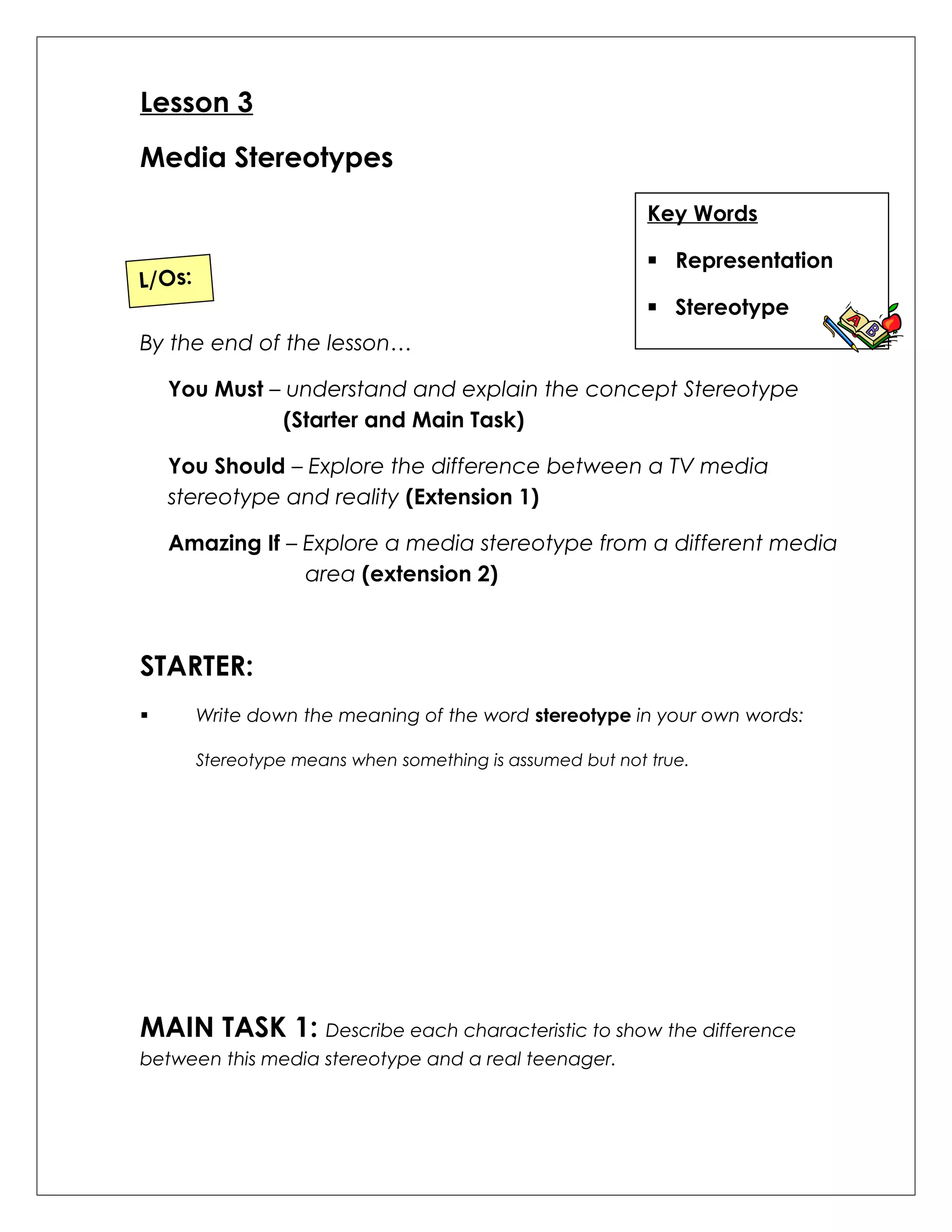 Lesson 3 media stereotypes worksheet | DOC