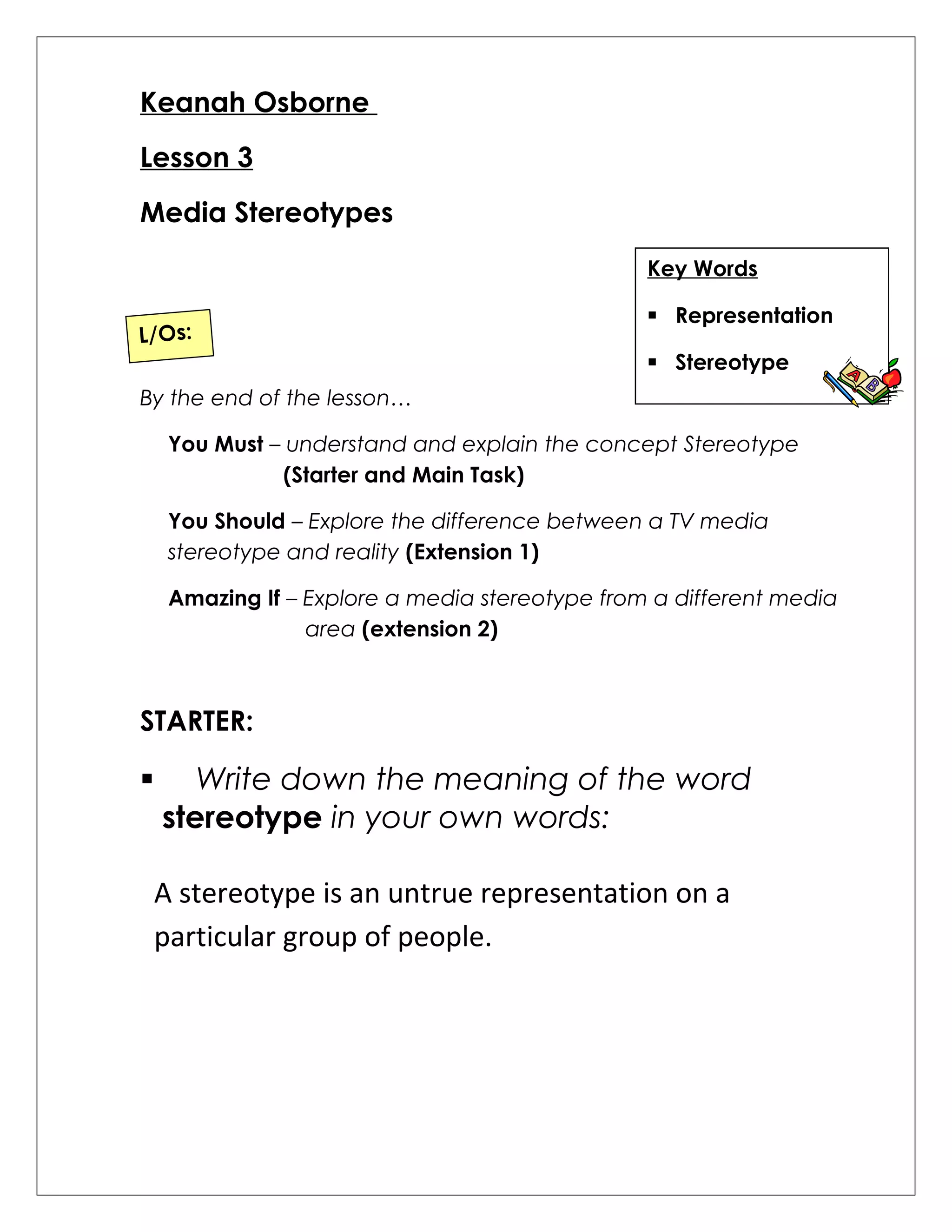 Lesson 3 media stereotypes worksheet | DOC
