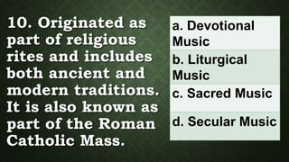 MUSIC 7 1ST QUARTER LESSON 3 PART 1 SECULAR MUSIC | PPTX