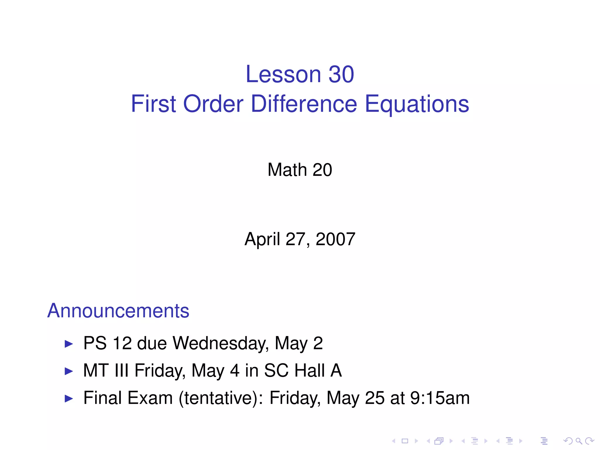 Lesson30 First Order Difference Equations Slides | PDF