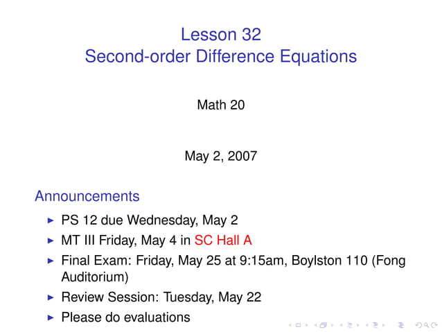 Lesson32 Second Order Difference Equations Slides | PPT