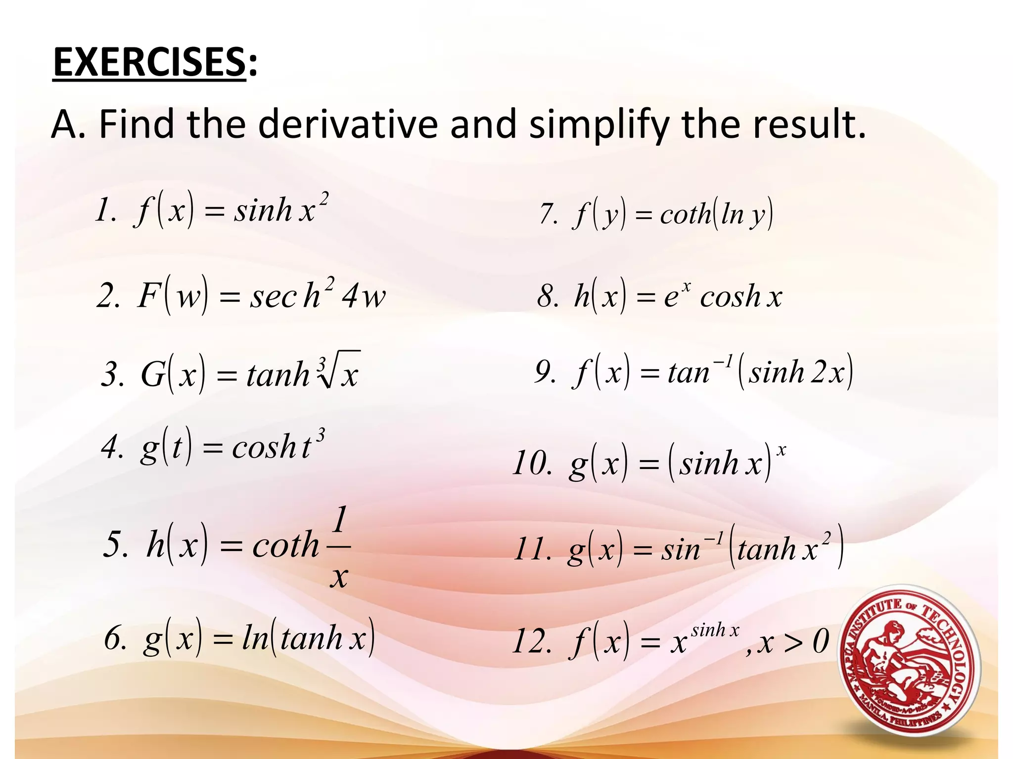 Lesson 3 derivative of hyperbolic functions | PPT