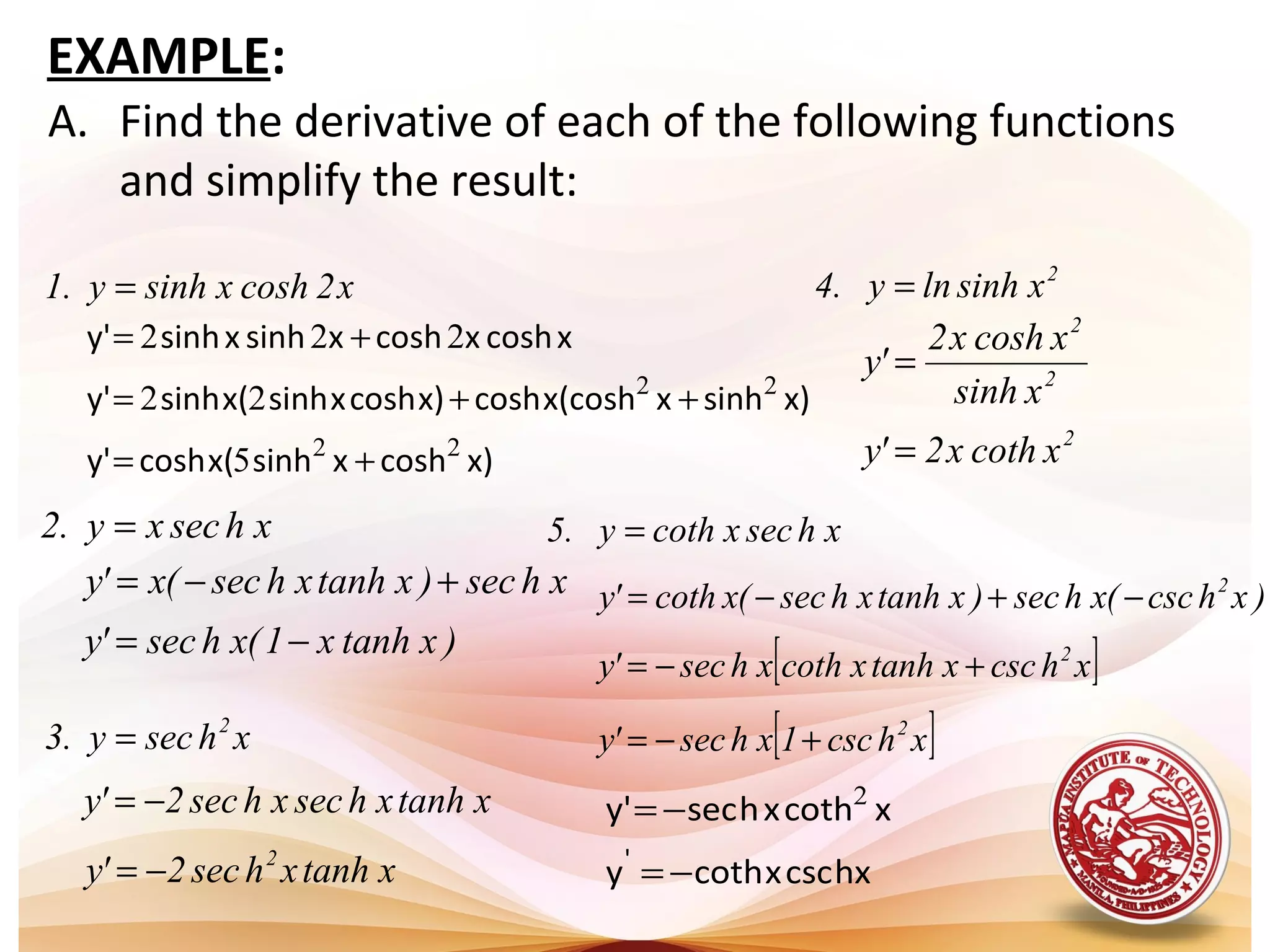 Lesson 3 derivative of hyperbolic functions | PPT