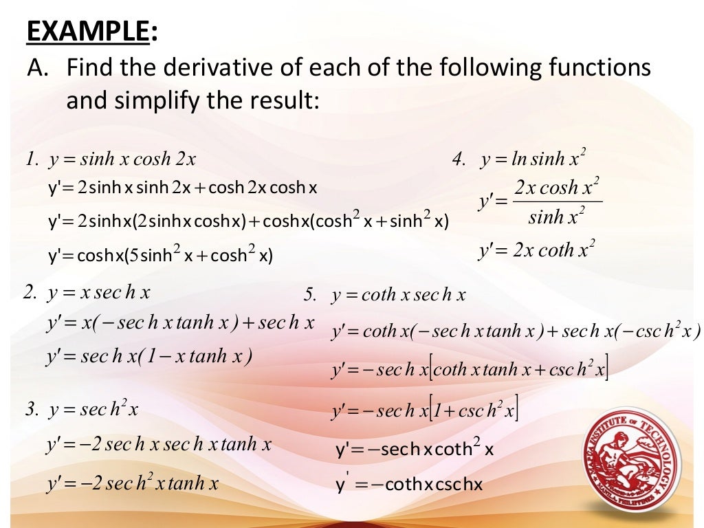 Lesson 3 derivative of hyperbolic functions Lesson 3 derivative of hyperbolic functions