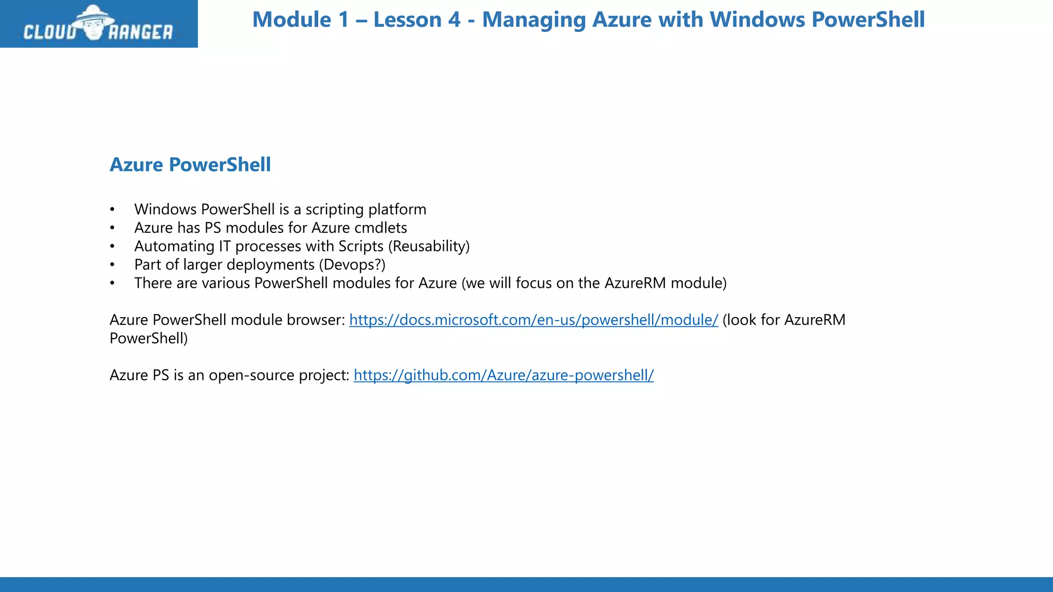 Exam 70-533 Module 1-Lesson 4 - Managing Azure with Windows PowerShell | PPT
