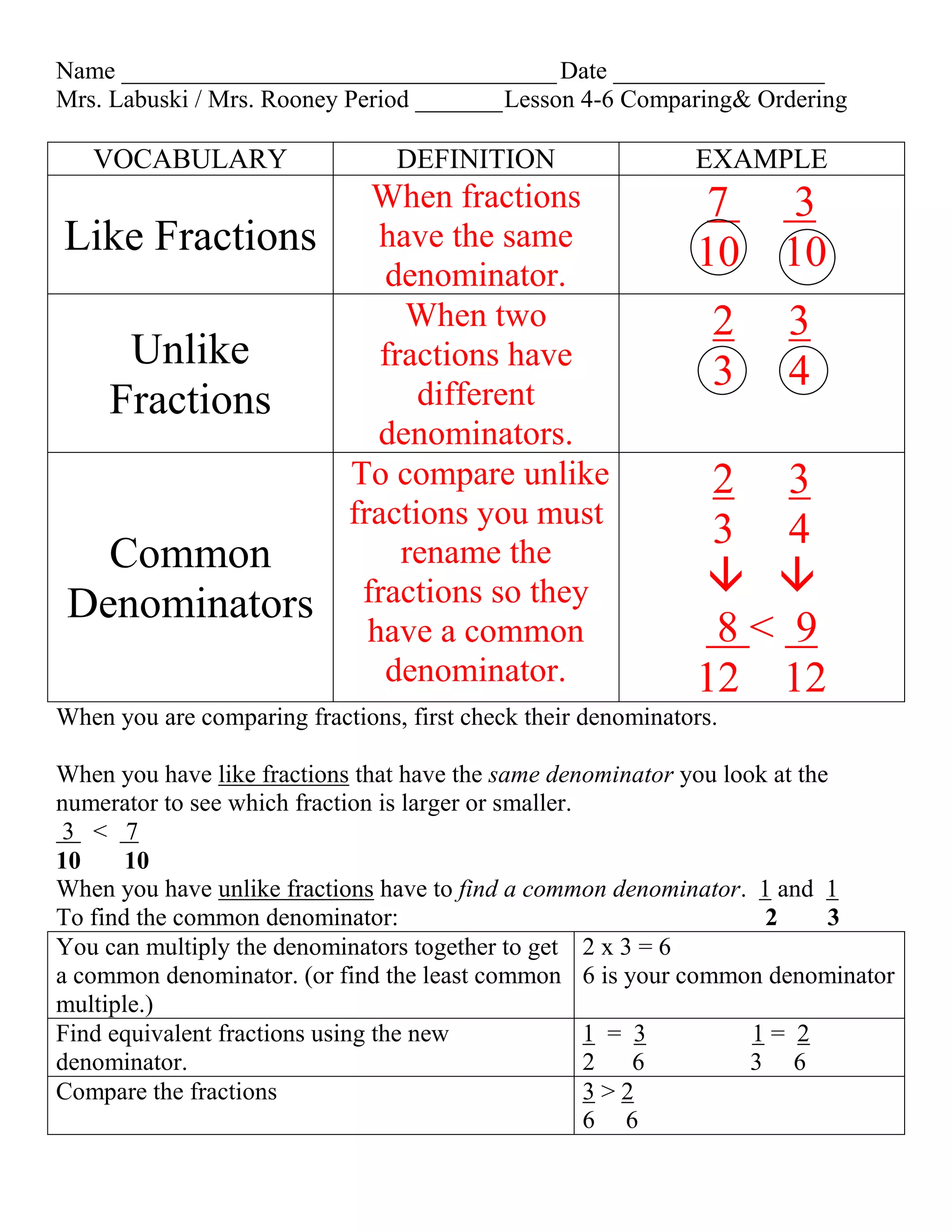 Lesson 4 6 comparing and ordering fractions | DOCX
