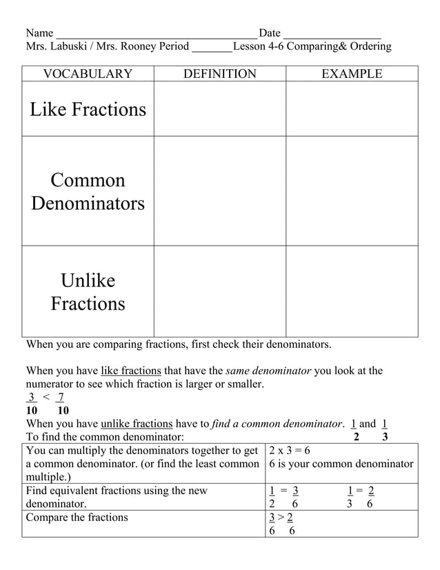 Lesson 4 6 Comparing And Ordering Fractions Docx