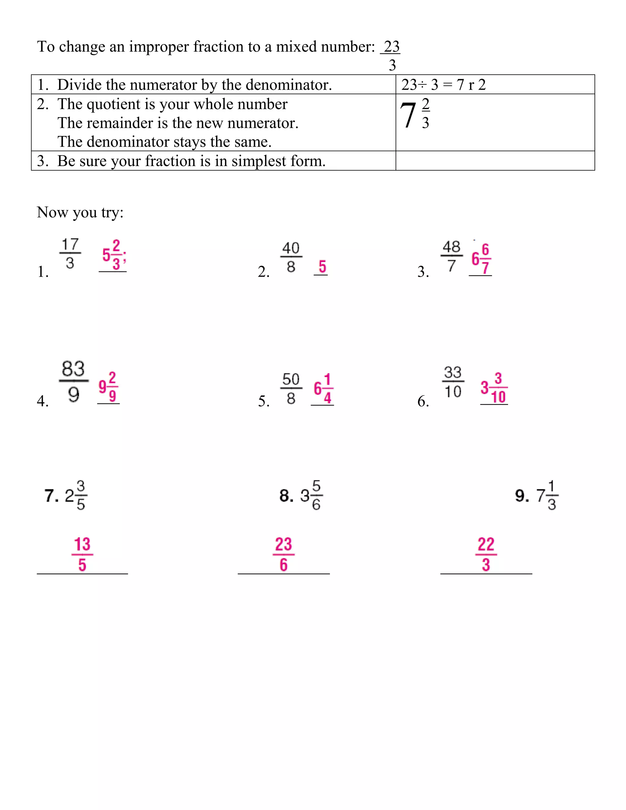 Lesson 4 7 mixed numbers improper fractions | DOCX | Science