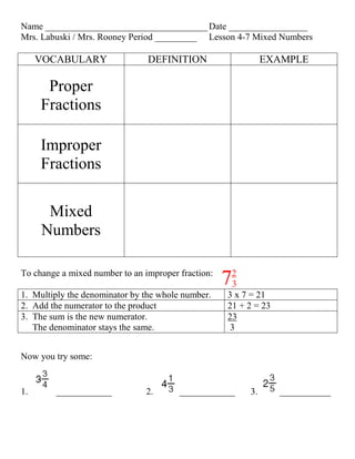Lesson 4 7 mixed numbers improper fractions | DOCX | Science