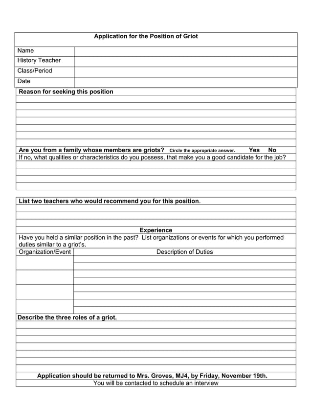 Lesson 4 griot application | DOCX | Resume Writing and Advice | Job Search