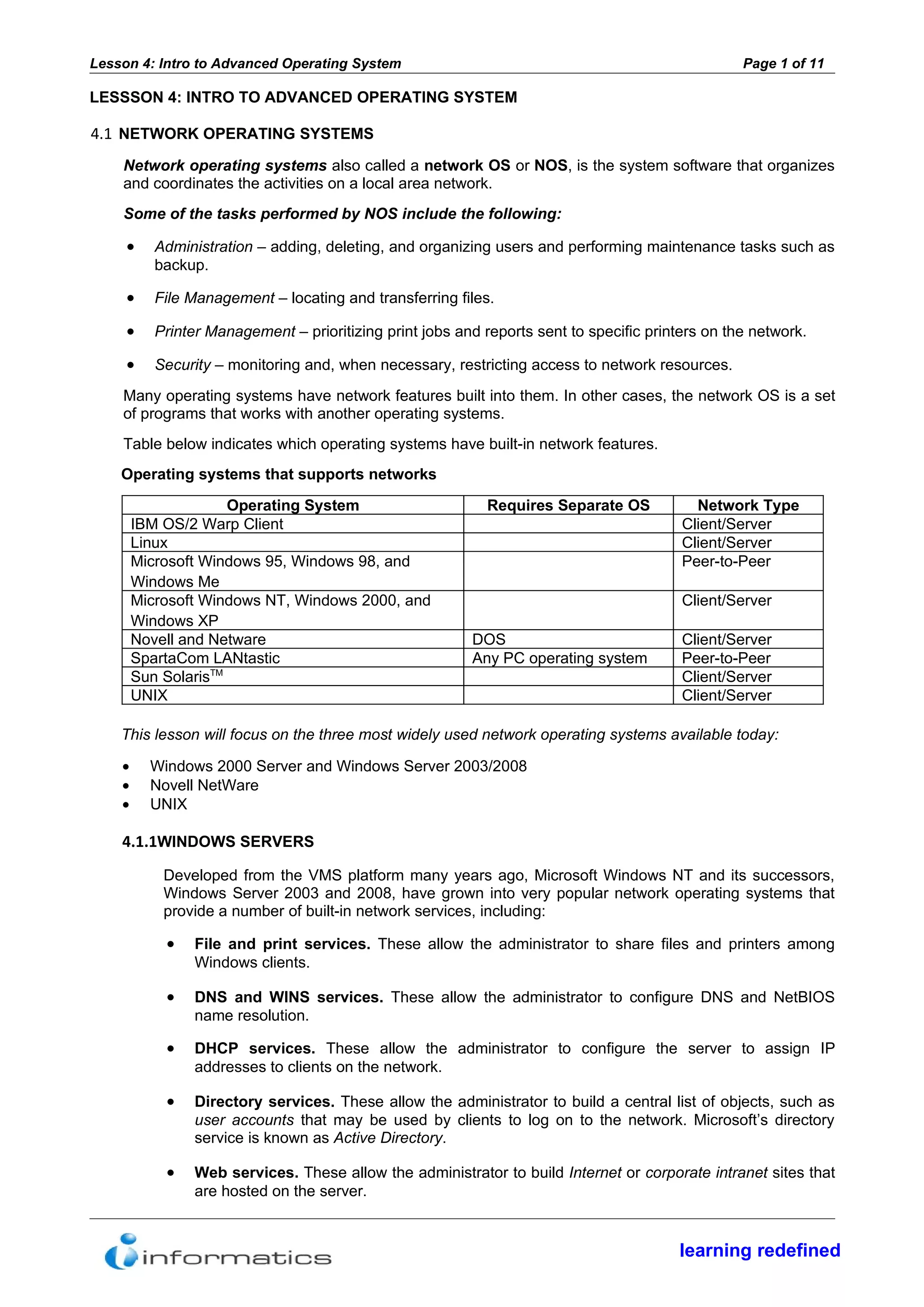 Lesson 4 intro to advanced o perating systems | DOC | Operating Systems | Computer Software and ...