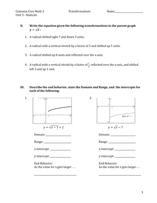 Practice for Square Root Graph & Transformations | PDF