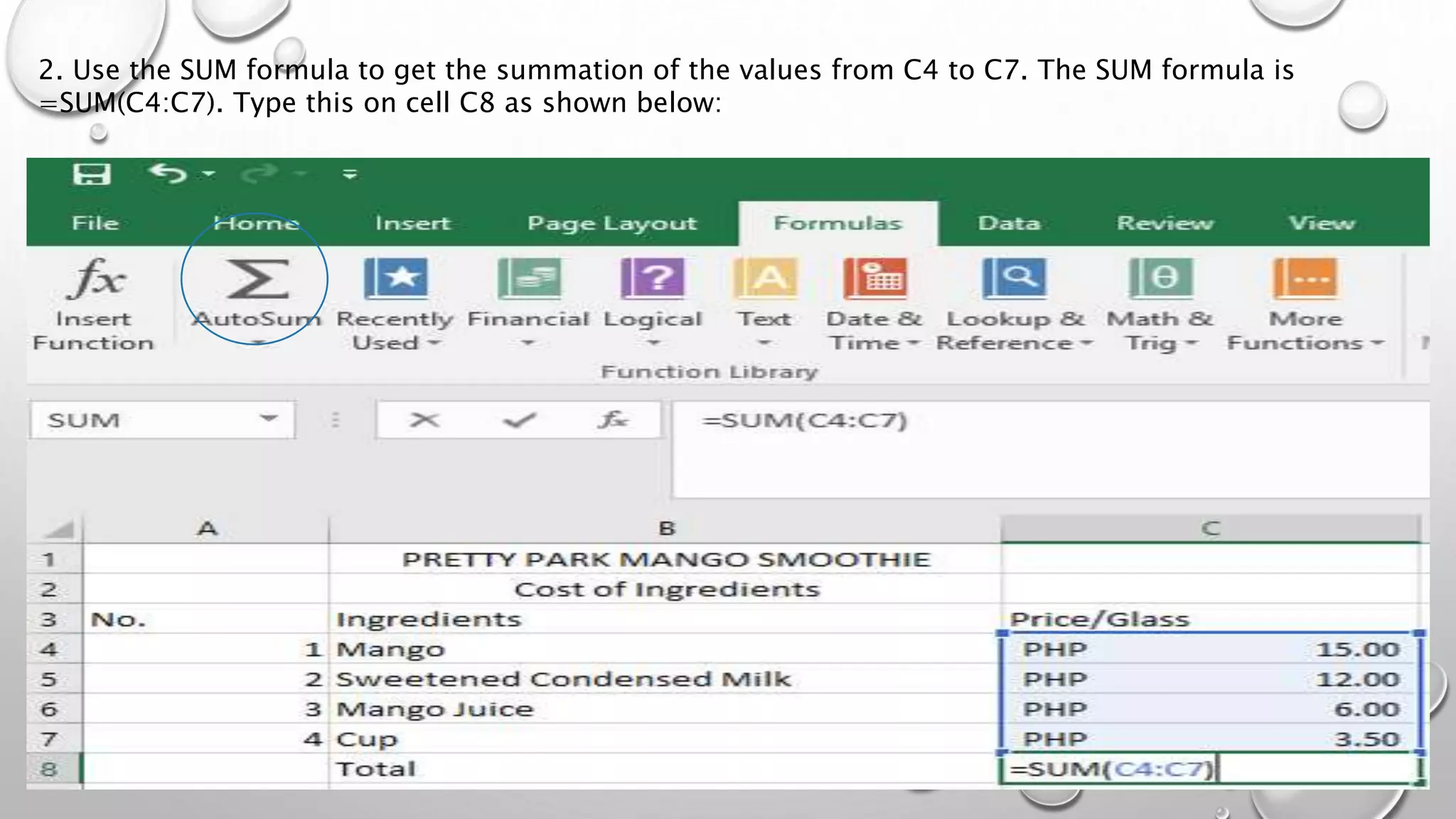Lesson 4 advance spreadsheets skills cost of ingredients.xlsx. | PPTX