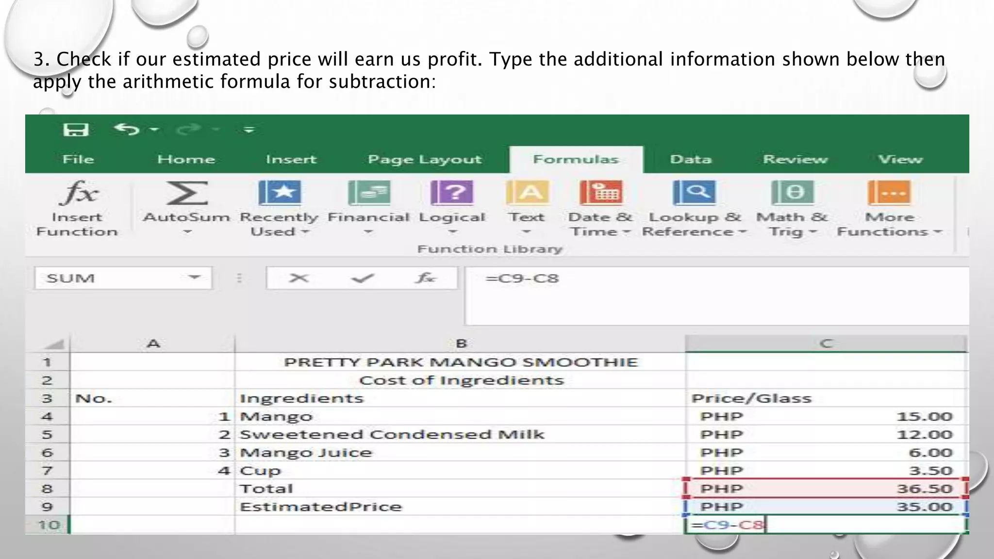 Lesson 4 advance spreadsheets skills cost of ingredients.xlsx. | PPTX