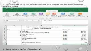 Lesson 4 advance spreadsheets skills cost of ingredients.xlsx. | PPTX