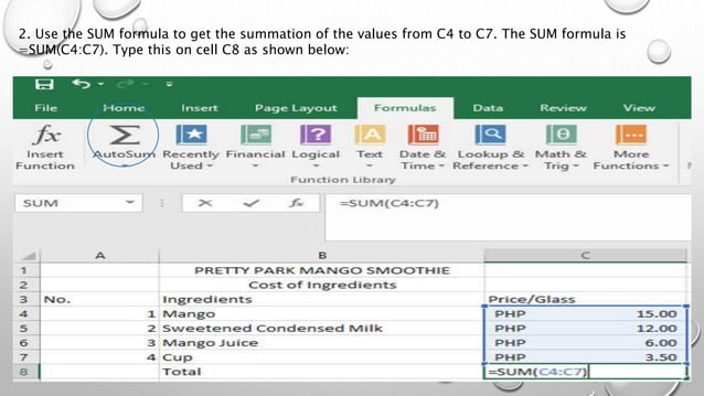 Lesson 4 advance spreadsheets skills cost of ingredients.xlsx. | PPTX