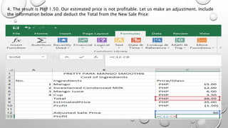 Lesson 4 advance spreadsheets skills cost of ingredients.xlsx. | PPTX