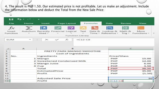 Lesson 4 advance spreadsheets skills cost of ingredients.xlsx. | PPTX
