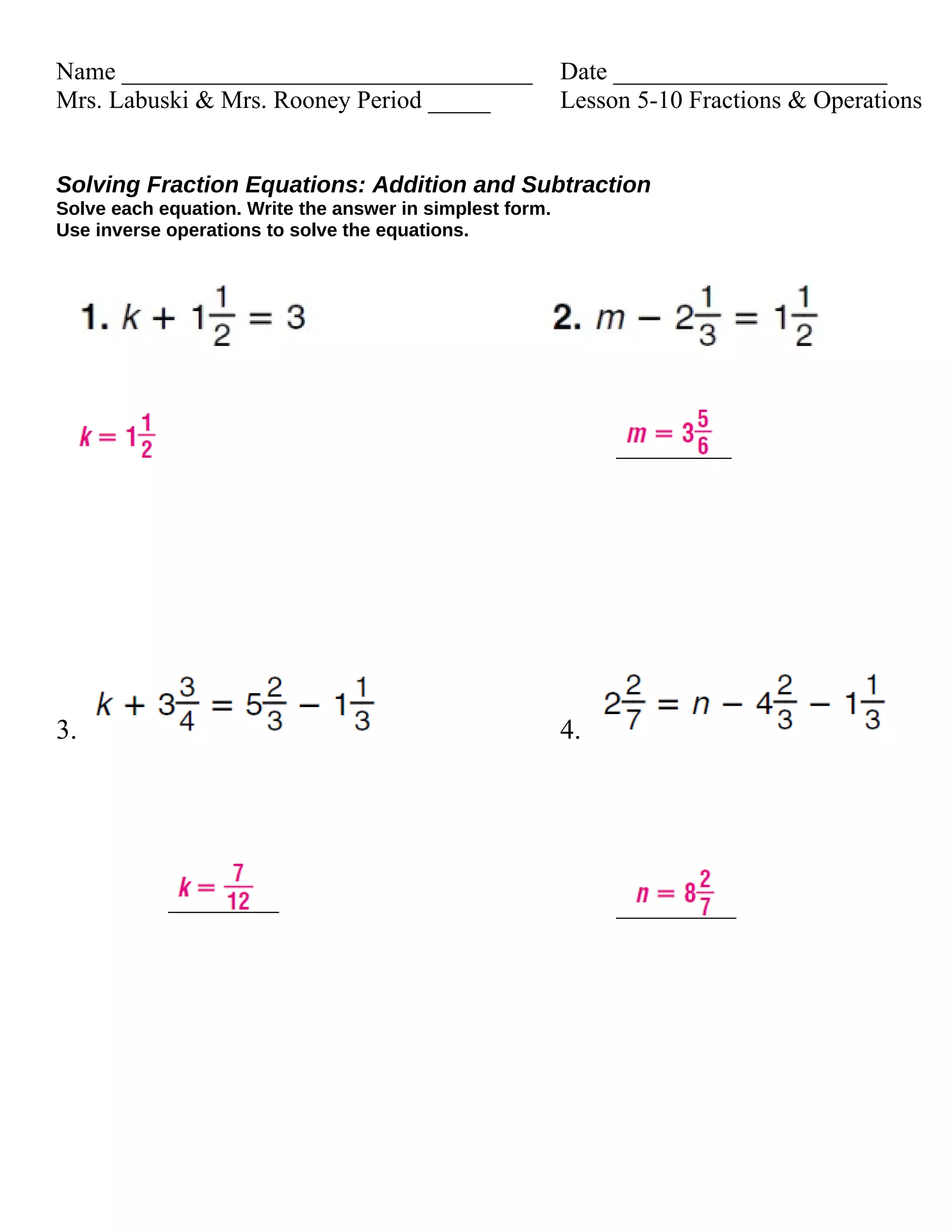 Lesson 5 10 equations with fractions | DOC