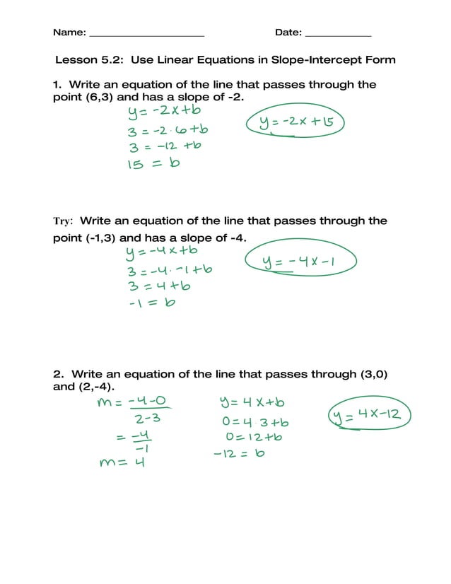 Lesson 5-2 Slope-Intercept Form | DOC