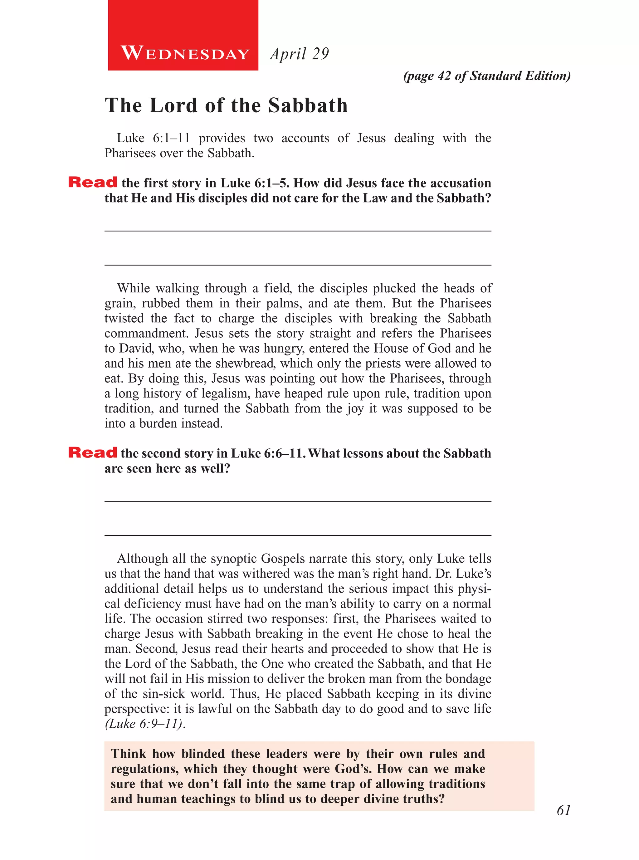 Lesson 5 | Teacher's edition | Christ as the Lord of the Sabbath ...