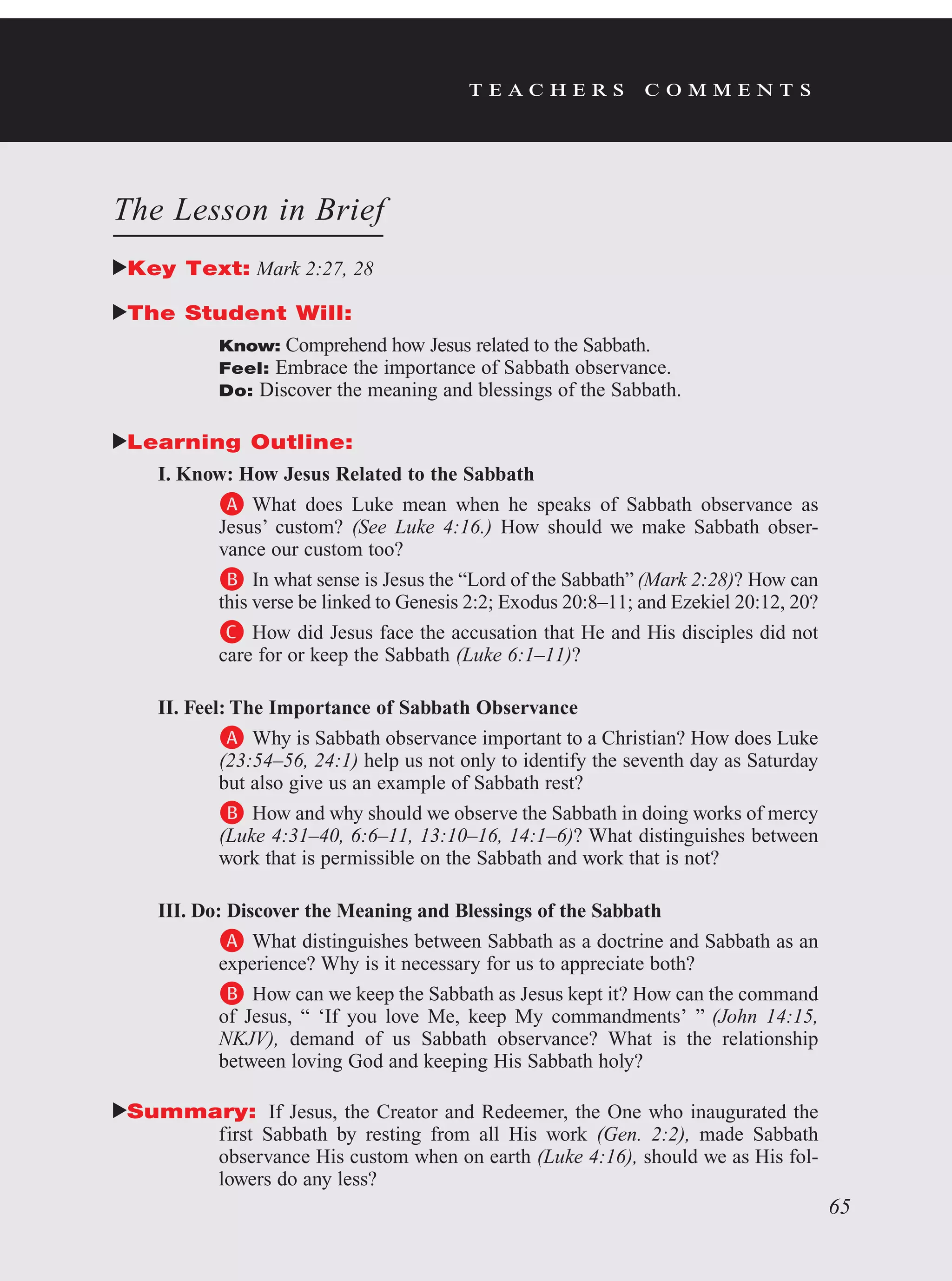 Lesson 5 | Teacher's edition | Christ as the Lord of the Sabbath ...