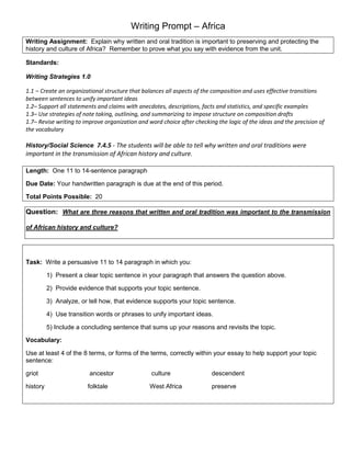 Lesson 5 writing prompt - written and oral tradition in africa | PDF