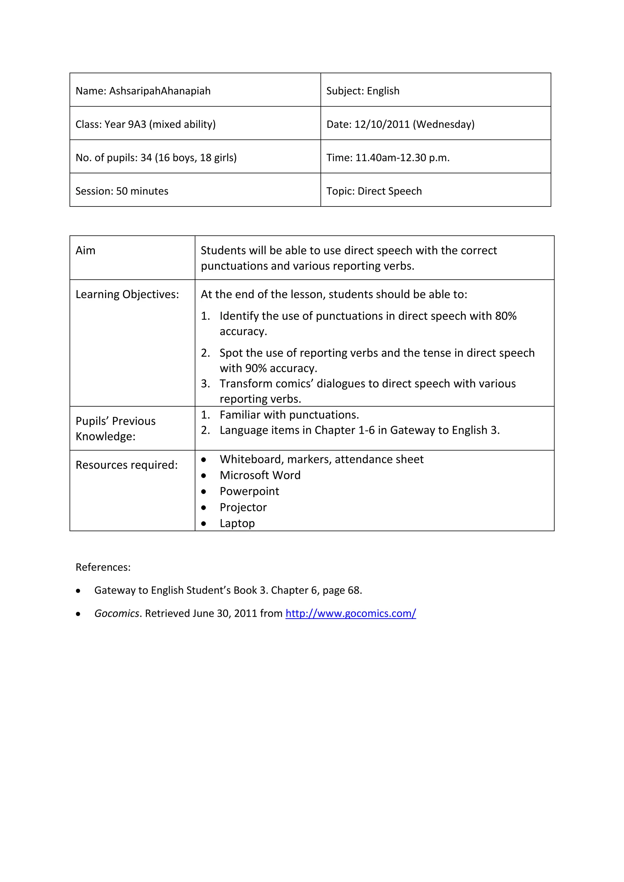 Lesson Plan 5- Direct Speech | DOCX