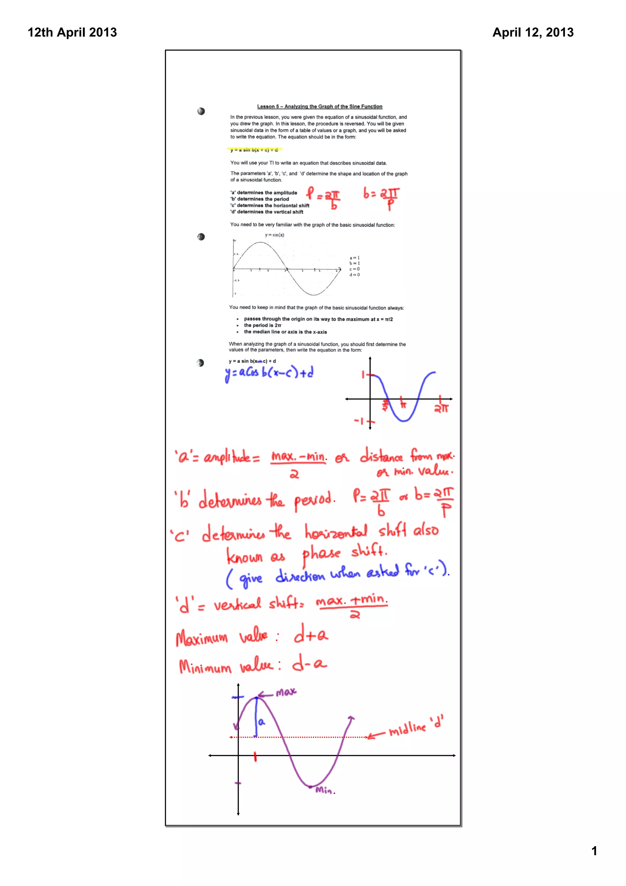 Lesson 5 sinusoidal functions 12th april 2013 | PDF