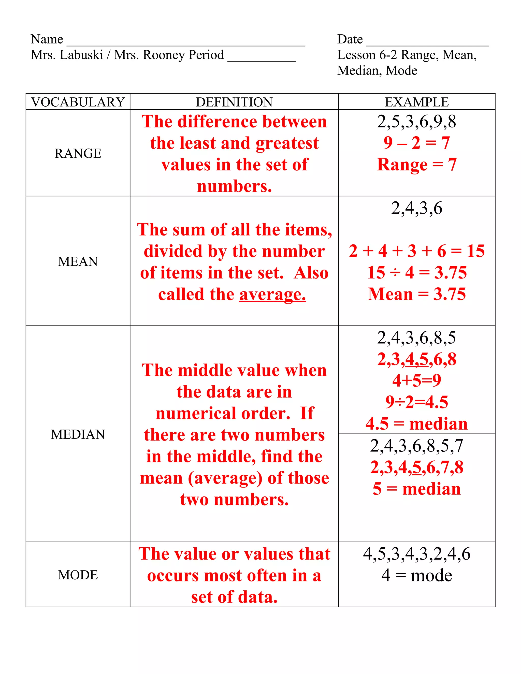 Lesson 6 2 range, mean, median, mode | DOC