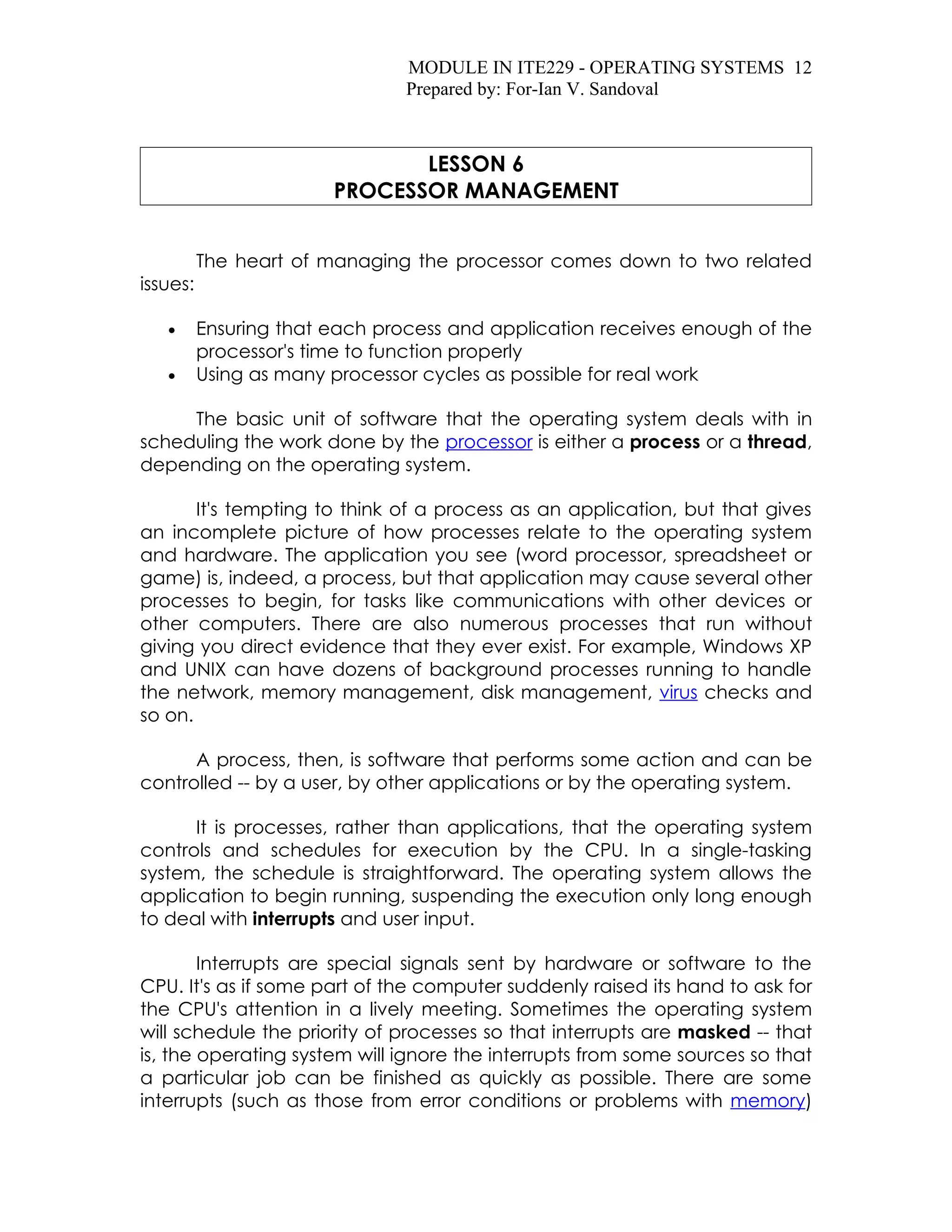 Lesson 6 Processor Management | DOC