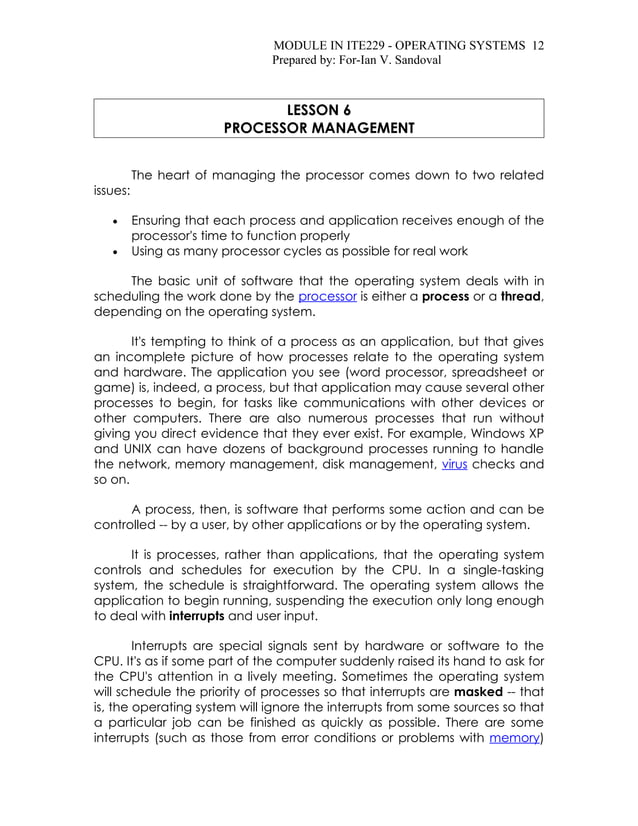 Lesson 6 Processor Management Doc Operating Systems Computer