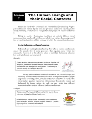 LESSON 7 - THE HUMAN BEINGS AND THEIR SOCIAL CONTEXTSpdf | PDF