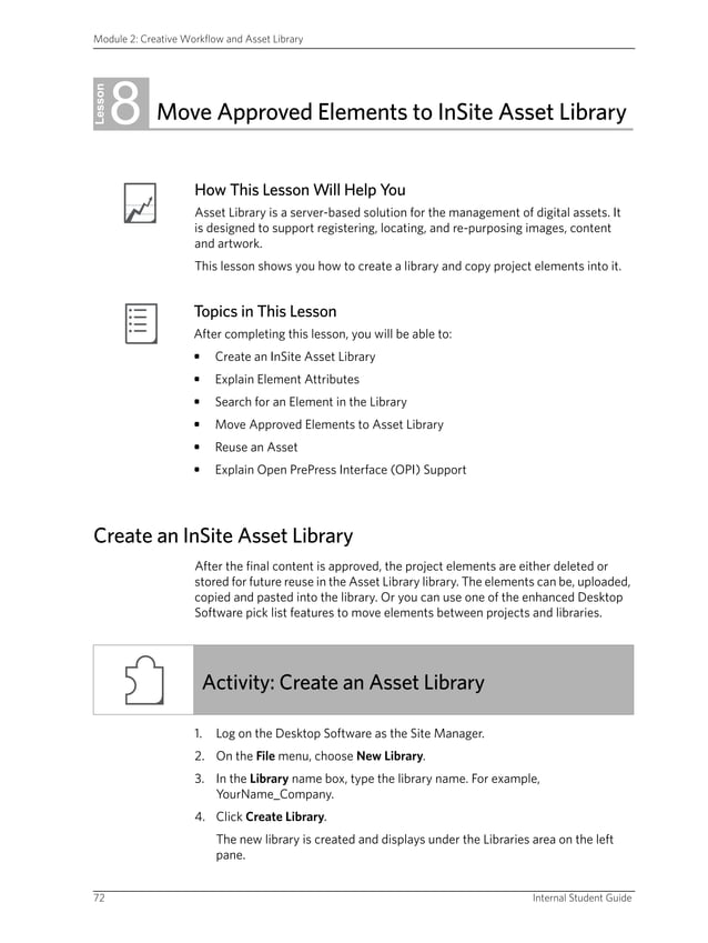 Lesson 8 - Move Approved Elements To Insite Asset Library | PDF