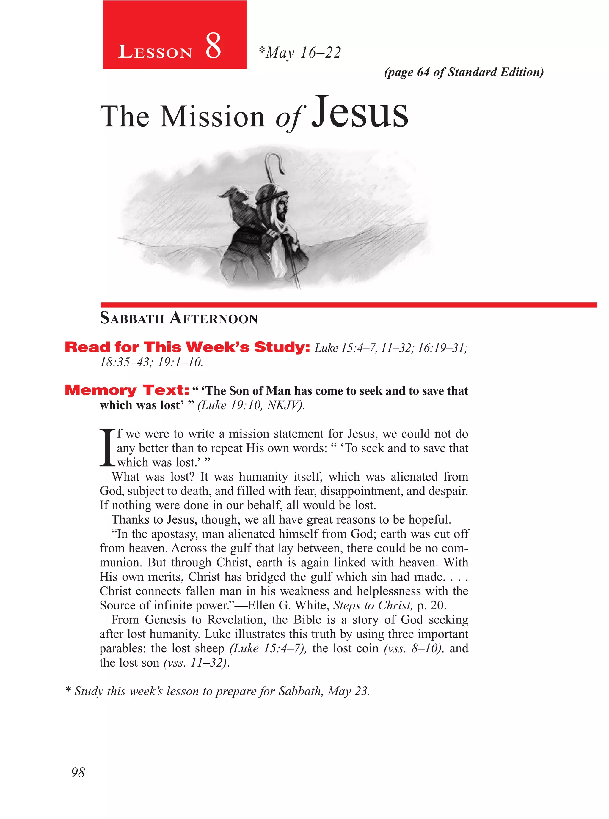 PDF | Lesson 8 | Teacher’s edition | The Mission of Jesus | Sabbath ...