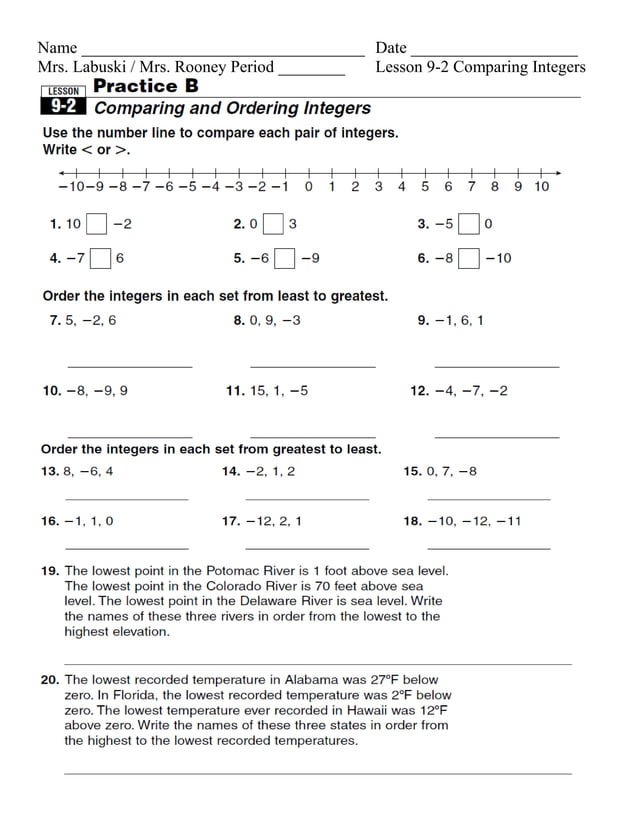 Lesson 9 2 comparing integers | DOCX