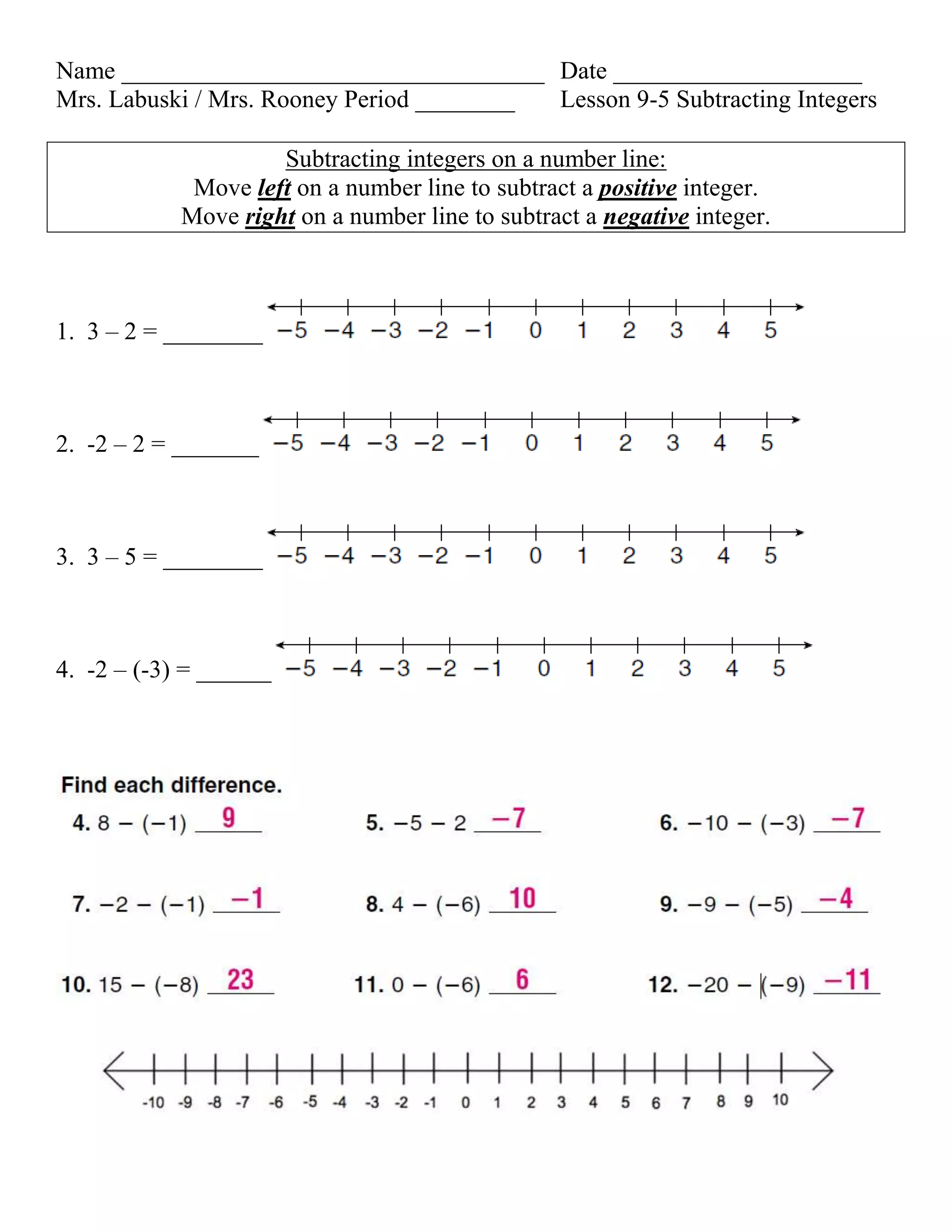 Lesson 9 5 subtracting integers | PDF