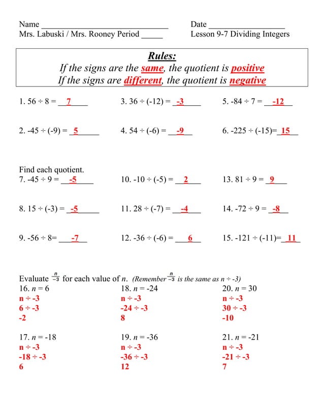 Lesson 9 7 dividing integers | PDF