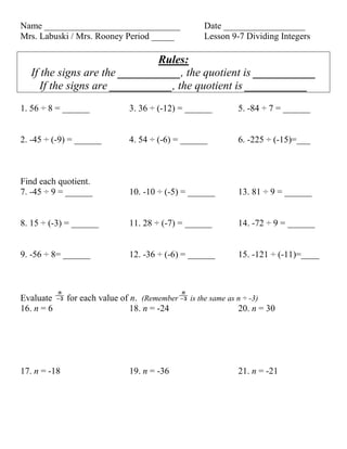 Lesson 9 7 dividing integers | PDF